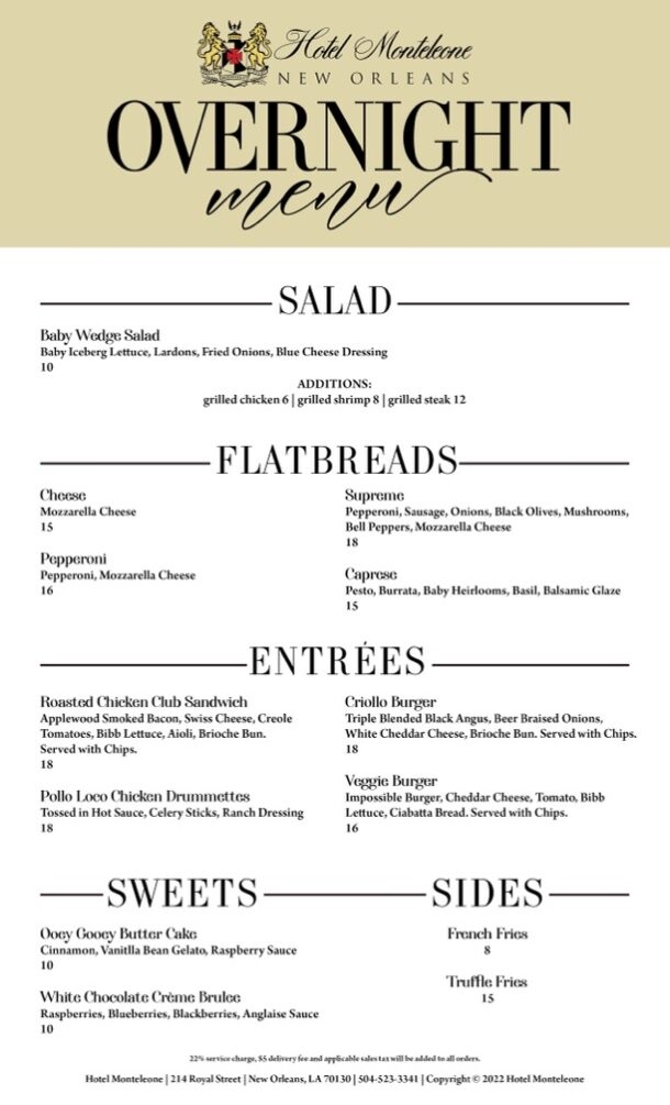 Overnight In-Room Dining Menu - Hotel Monteleone